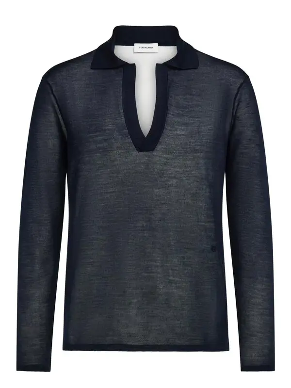 FERRAGAMO Long Sleeve Knitted Silk Polo Shirt - Blue