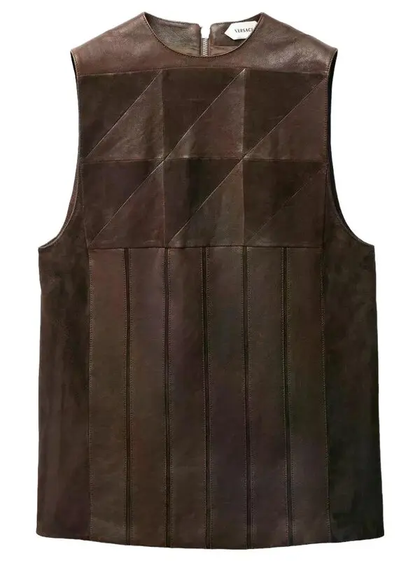 Versace Sleeveless Leather Patchwork Mini Dress - Brown