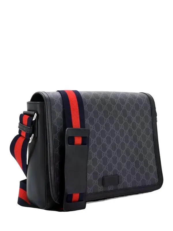 Gucci Web Strap Flap Messenger Bag Gg Coated Canvas Medium - Black