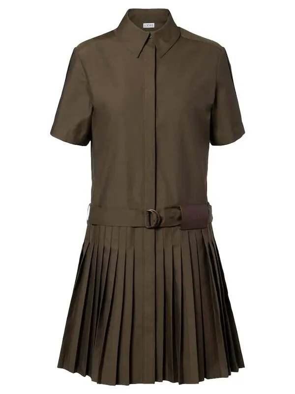Loewe Belted Pleated Cotton-blend Shirt Dress - Green
