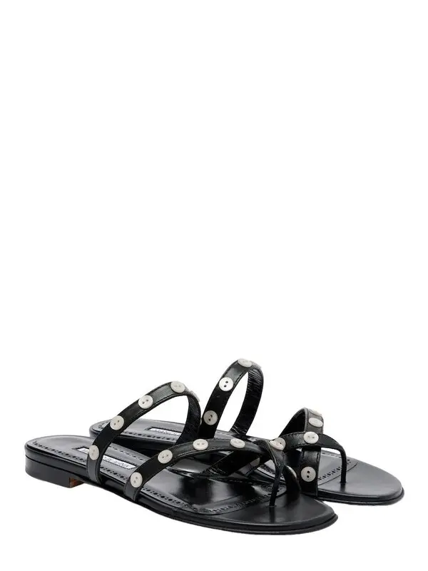 Manolo Blahnik Embellished Leather Thong Sandals - Black