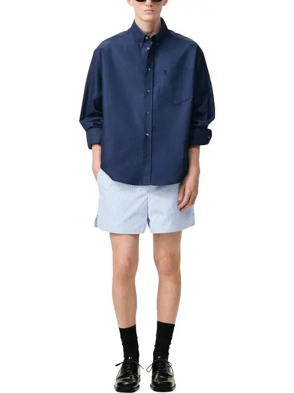 Ami Striped Cotton Popeline Elasticated Shorts - Blue