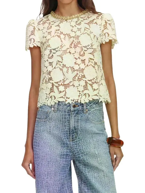 SELF-PORTRAIT Floral-embroidery Lace Top - Yellow