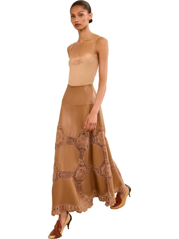 Ulla Johnson Izra Crochet & Leather Midi Skirt - Camel