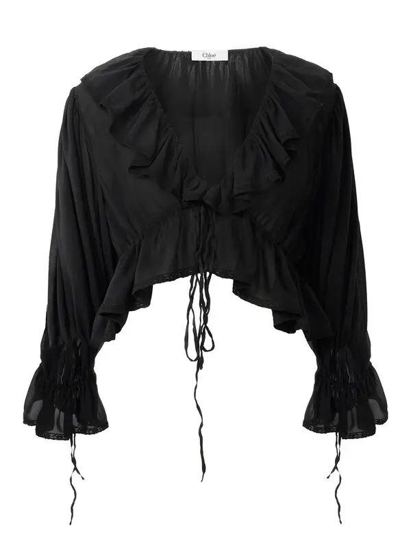 Chloé Cropped V-neck Top With Ruffle Detail - Black
