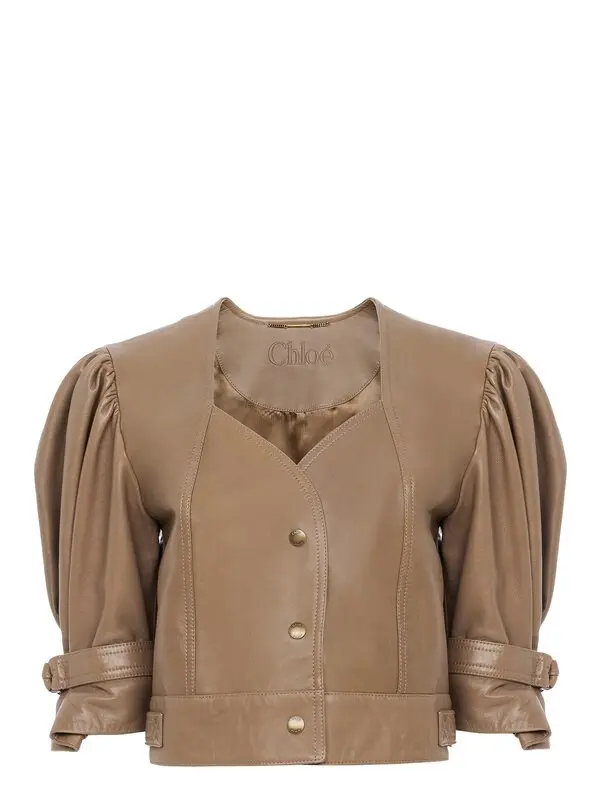 Chloé Cropped Puff-sleeve Leather Jacket - Smoked Brown