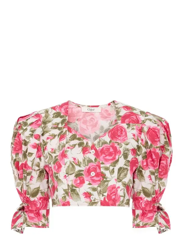 Chloé Puff-sleeve Cropped Top - White Pink