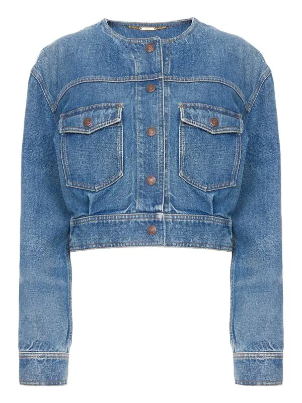 Chloé Collarless Cropped Denim Jacket - Dusty Cobalt