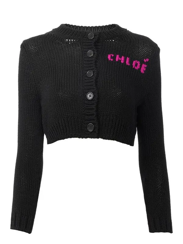 Chloé Cropped Fitted Logo Cardigan - Black
