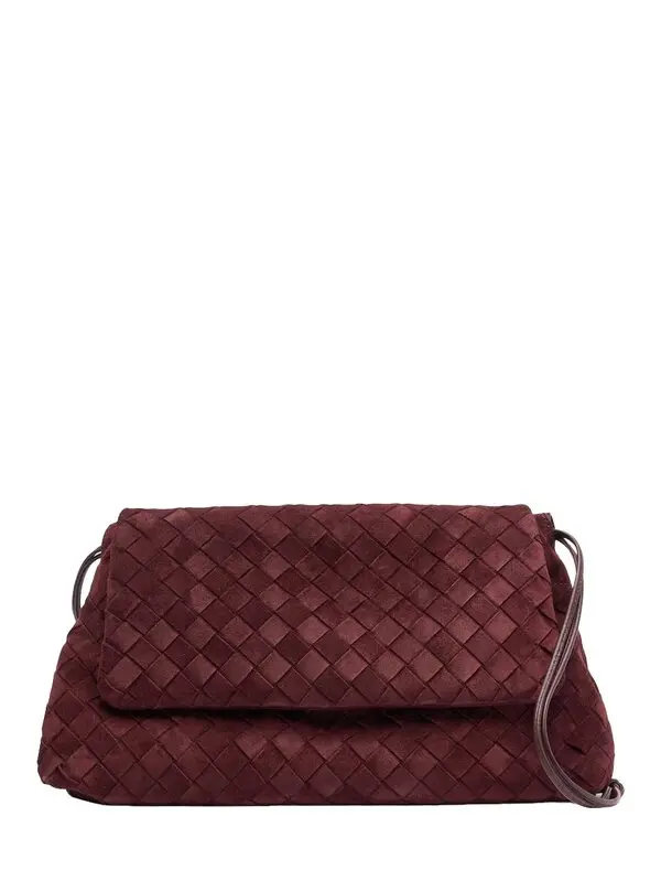 Bottega Veneta Giorno Intrecciato Suede Shoulder Bag - Burgundy