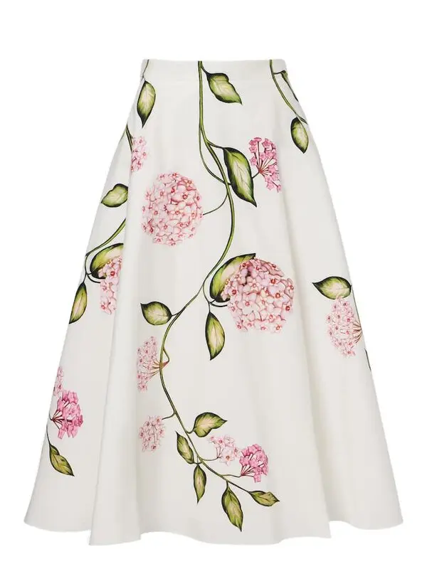 Oscar De La Renta Floral Cotton-blend Poplin Midi Skirt - White