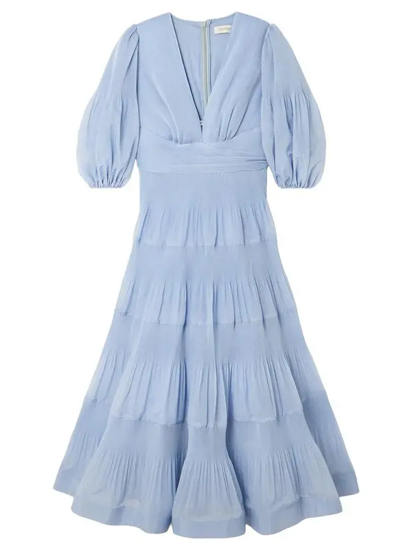 Zimmermann Tiered Plissé Silk-organza Midi Dress - Blue