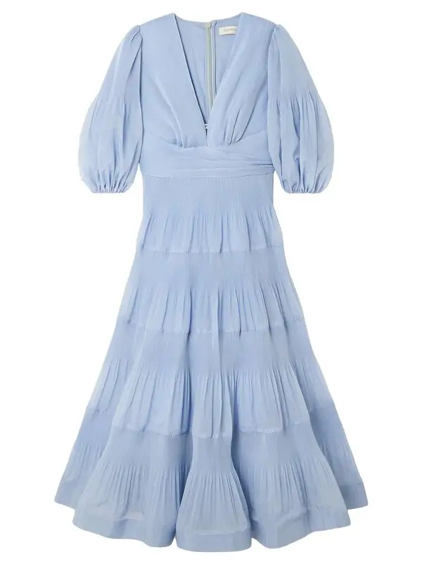 Zimmermann Tiered Plissé Silk-organza Midi Dress - Light Blue