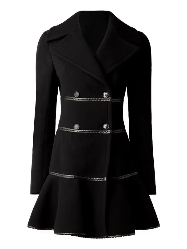 Alaïa Princess Double-breasted Leather-trimmed Wool Peplum Coat - Black
