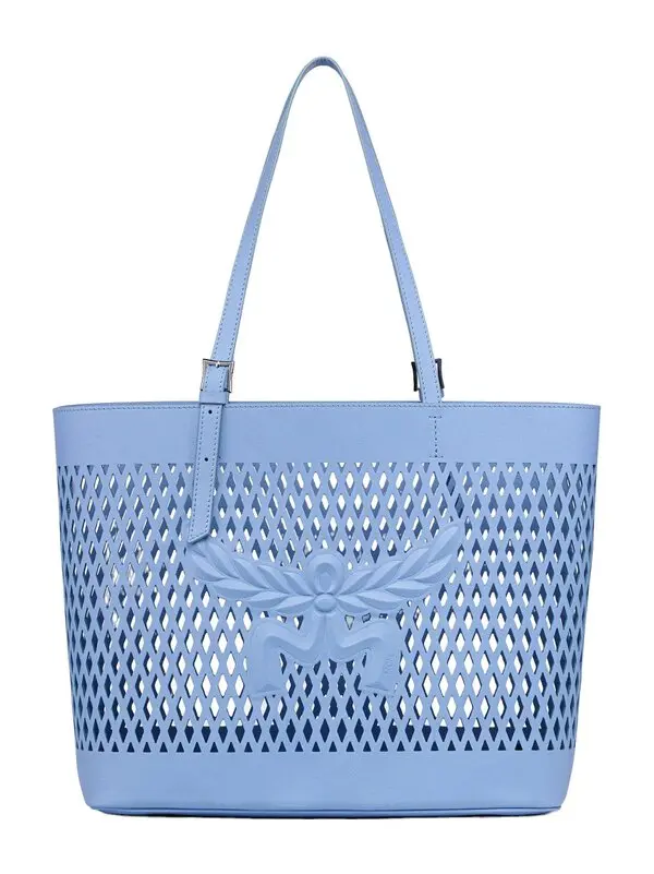 Mcm Himmel Shopper In Perforated Calfskin Leather - Della Robbia Blue