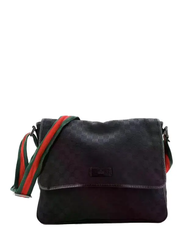 Gucci Web Strap Flap Messenger Gg Canvas Medium Crossbody Bag - Black