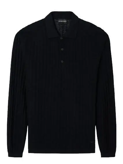Emporio Armani Wool And Lyocell-blend Polo Collar Jumper In A Patterned Stitch - Navy
