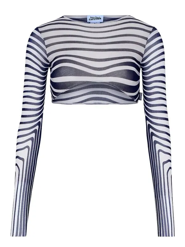 JEAN PAUL GAULTIER Re-edition Long-sleeve Crew Neck Cropped Top "morphing Stripes" 'ecru/navy - White