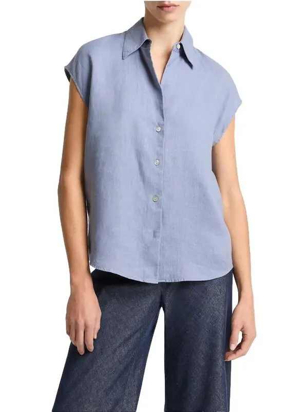 Vince Linen Cap-sleeve Button-front Blouse - Blue / Multicolor
