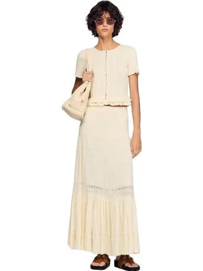 Sandro Textured Knit Maxi Skirt - Neutral / White