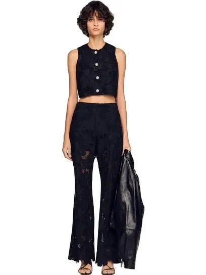 Sandro Embroidered Guipure Lace Trousers - Black