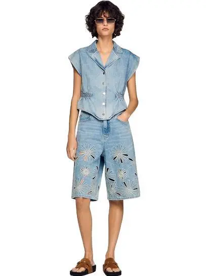 Sandro Fitted Denim Top - Blue
