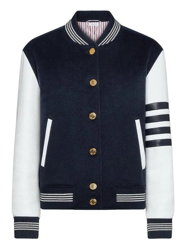 Thom Browne Relaxed Fit Varsity Jacket With Leather Sleeves - Blue