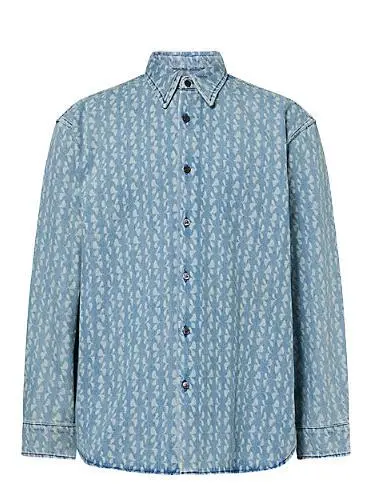 Dries Van Noten Pointed-collar Graphic-pattern Denim Shirt - Dessin A