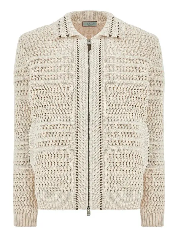 Canali Cotton Crochet Zip-up Cardigan - White