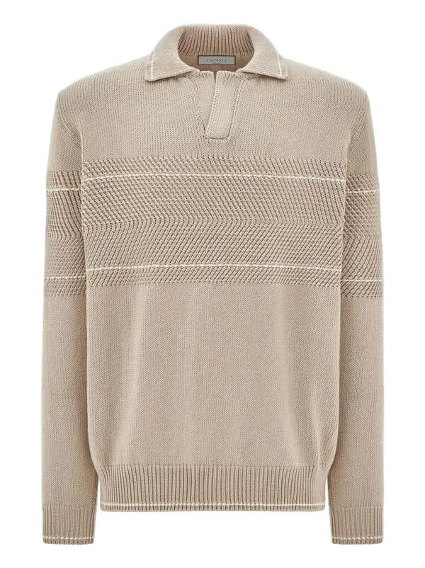 Canali Long-sleeved Cotton Polo Shirt With Contrasting Stitching - Beige