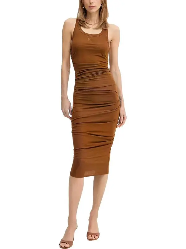 Elisabetta Franchi Logo-embroidered Ruched Midi Dress - Brown