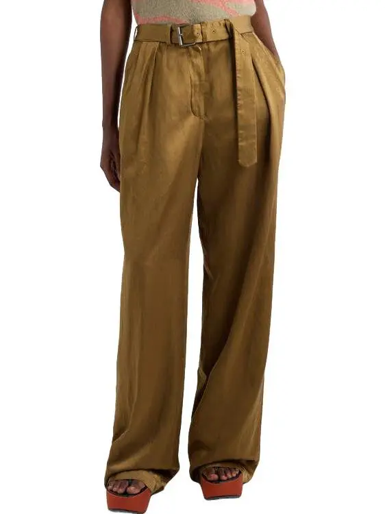 Dries Van Noten Belted Pleated Wide Leg Trousers - Umber