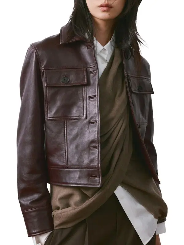 Mango Leather Trucker Jacket - Burgundy