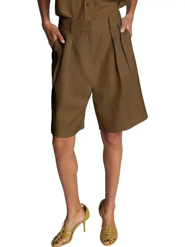KENNETH COLE Pleated Linen Bermuda Shorts - Mesquite