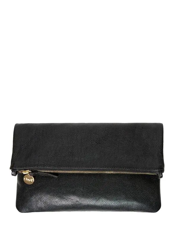 Clare V. Foldover Petit Caviar Leather Clutch - Black