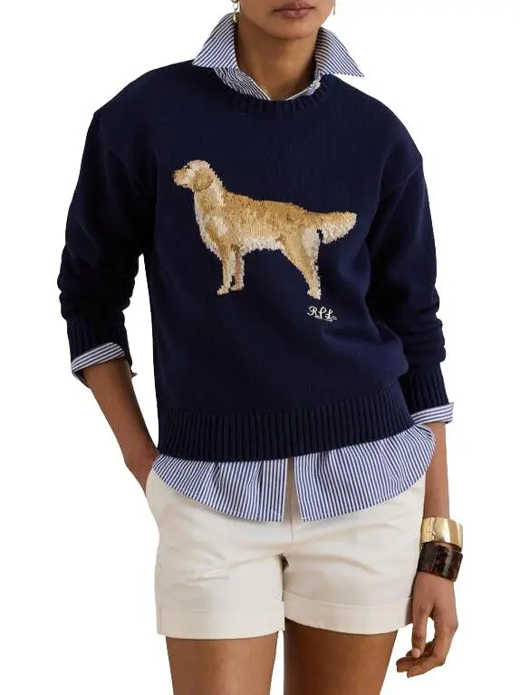 Ralph Lauren Golden Retriever Intarsia Cotton Sweater - Refined Navy Blue/multi