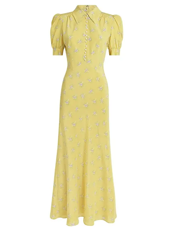 Alessandra Rich Silk Floral Print Midi Dress - Yellow