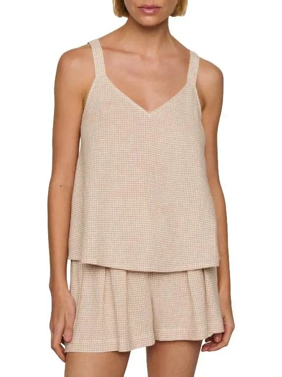 Eberjey Linen Blend V-neck Camisole - Gingham White/warm Taupe