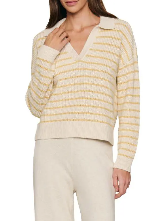 Eberjey Coastal Stripe Cotton-blend Polo Sweater - Stripe Almond Heather/sunbeam