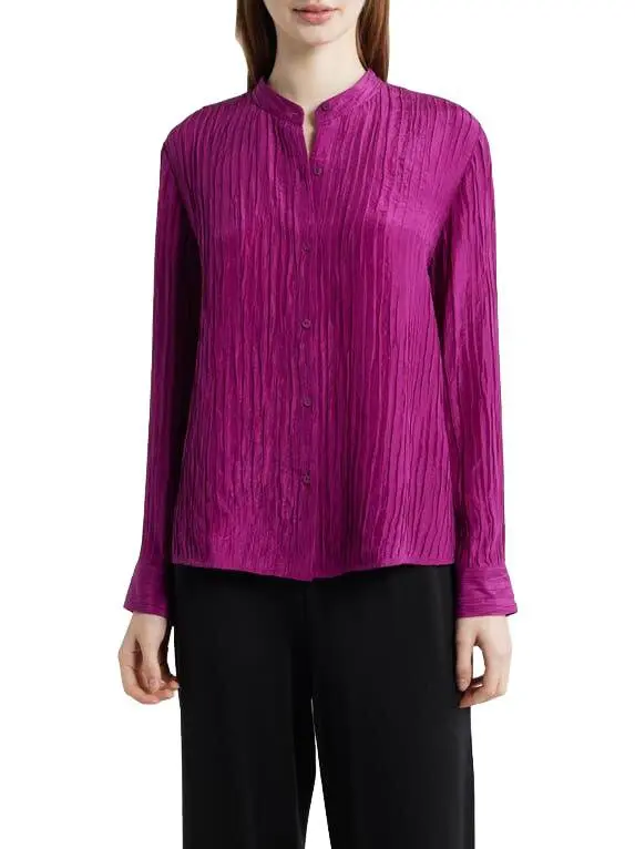 Eileen Fisher Mandarin Collar Silk Button-up Shirt - Berry Bloom