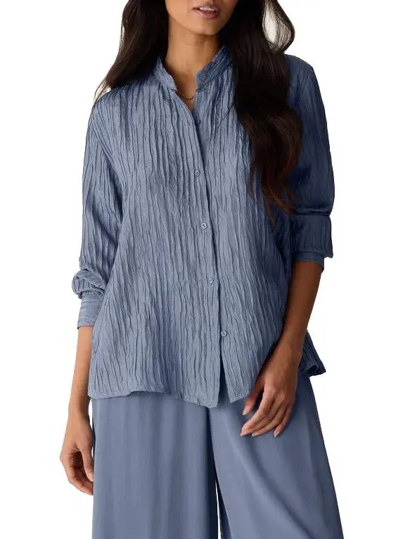 Eileen Fisher Mandarin Collar Silk Button-up Shirt - Flint