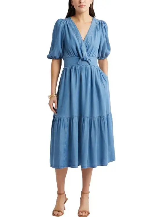 Caslon Twist Front Puff Sleeve Chambray Midi Dress - Medium Wash