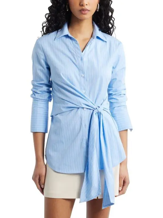 OPEN EDIT Pinstripe Poplin Tie Waist Button-up Top - Blue- Ivory Vertical Pin
