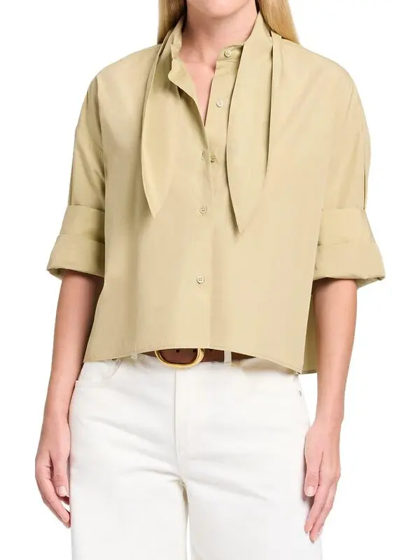 TWP Tie Neckline Cotton Top - Olive Grey