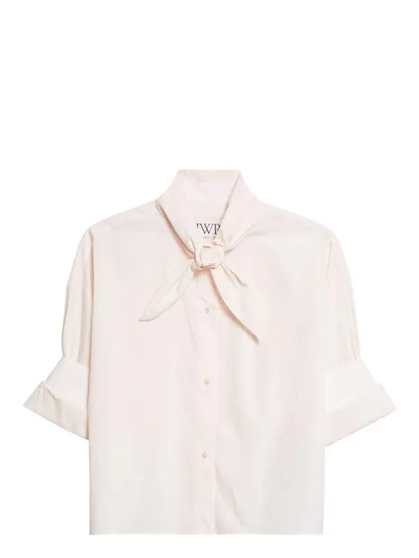 TWP Tie-neck Button-up Crop Top - Sheer Pink