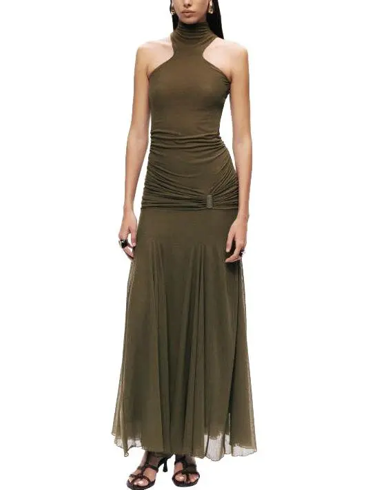 NOCTURNE Halter Neck Draped Maxi Dress - Khaki