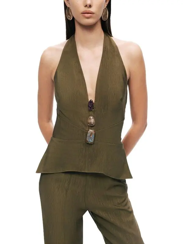 NOCTURNE Halter Neck Peplum Top - Khaki