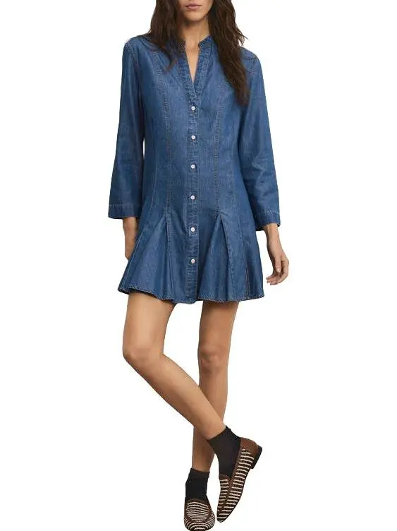 Veronica Beard Korinda Godet Pleat Long Sleeve Denim Dress - Pool Party