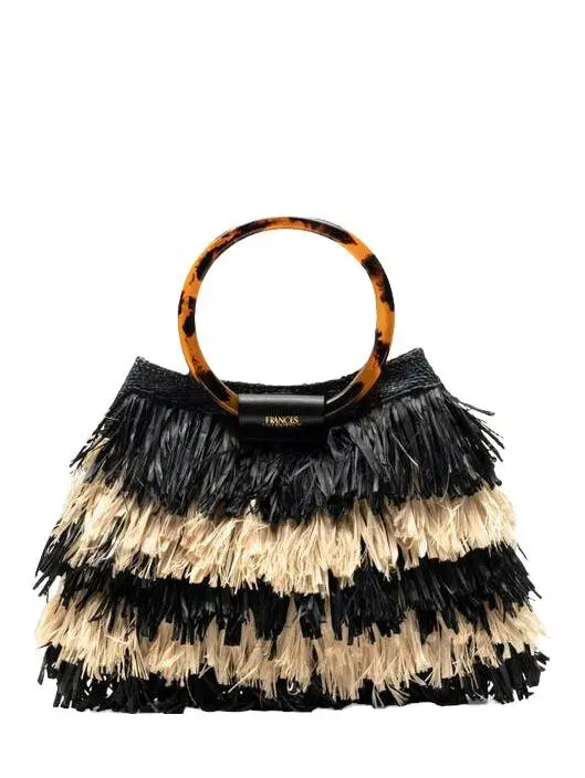 FRANCES VALENTINE Tiered Raffia Fringe Tote - Black/natural