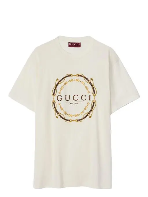 Gucci Cotton Jersey T-shirt With Bridles Print - Beige